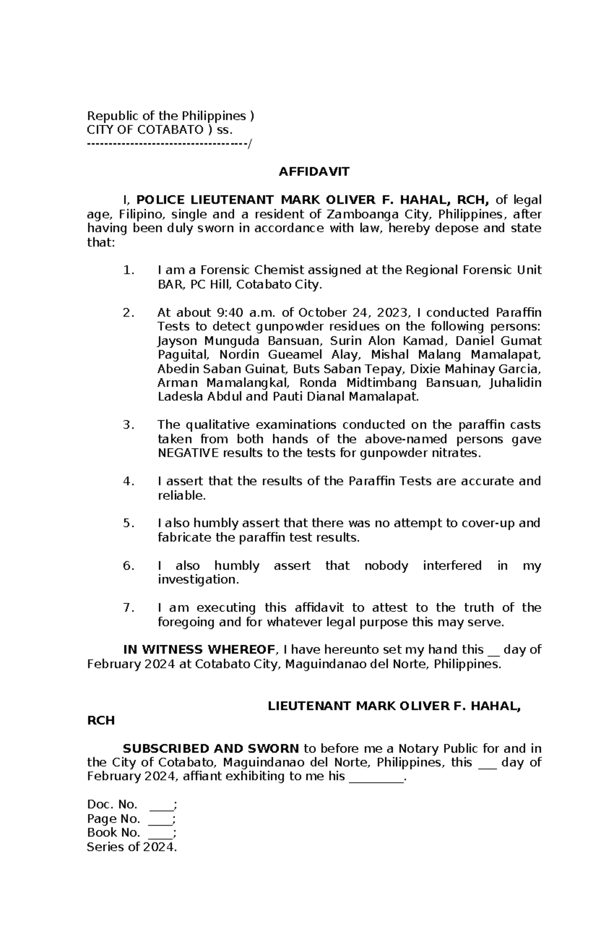 Affidavit (Lt. Mark Oliver Hahal) - Republic of the Philippines ) CITY ...