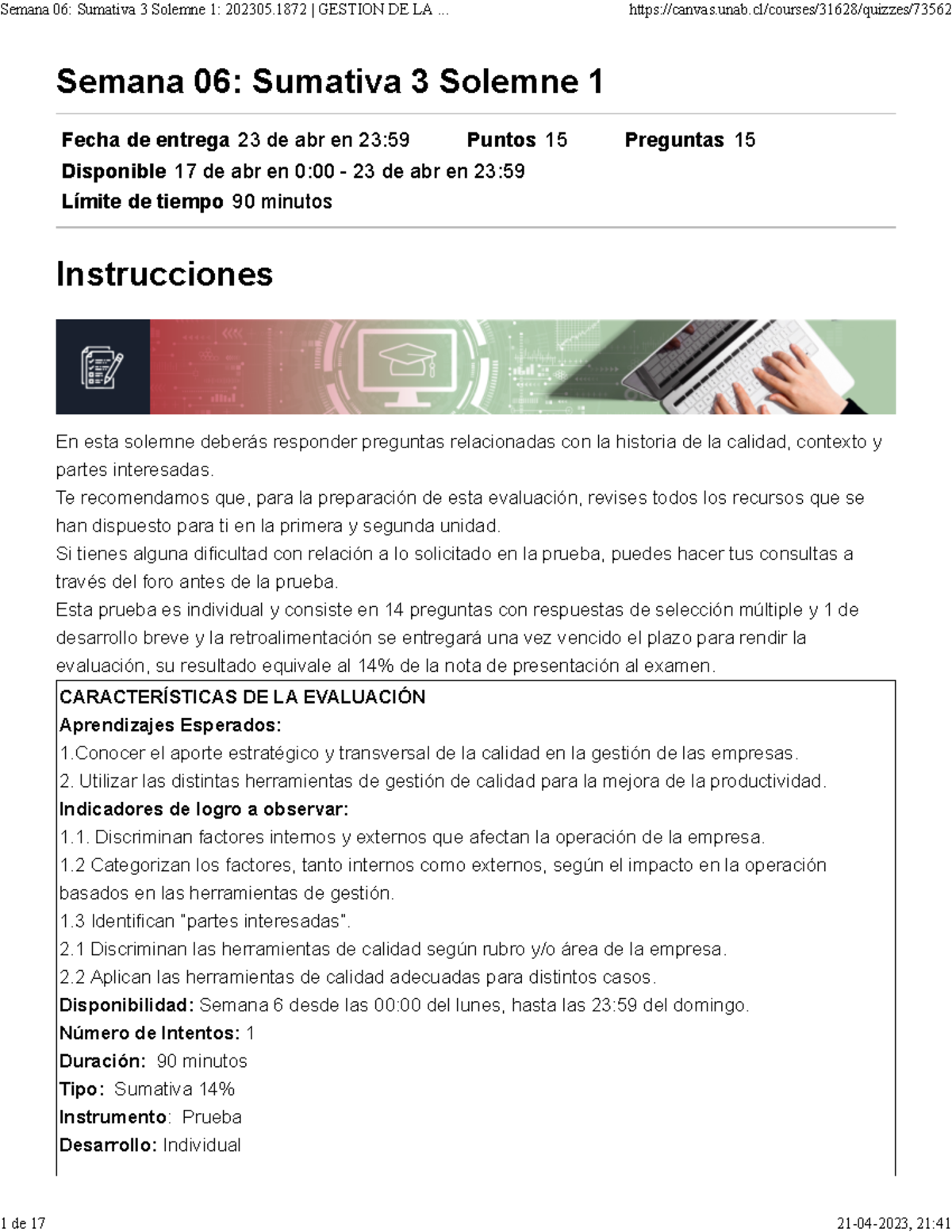 Semana 06 Sumativa 3 Solemne 1 202305 - Semana 06: Sumativa 3 Solemne 1 Fecha de entrega 23 de ...