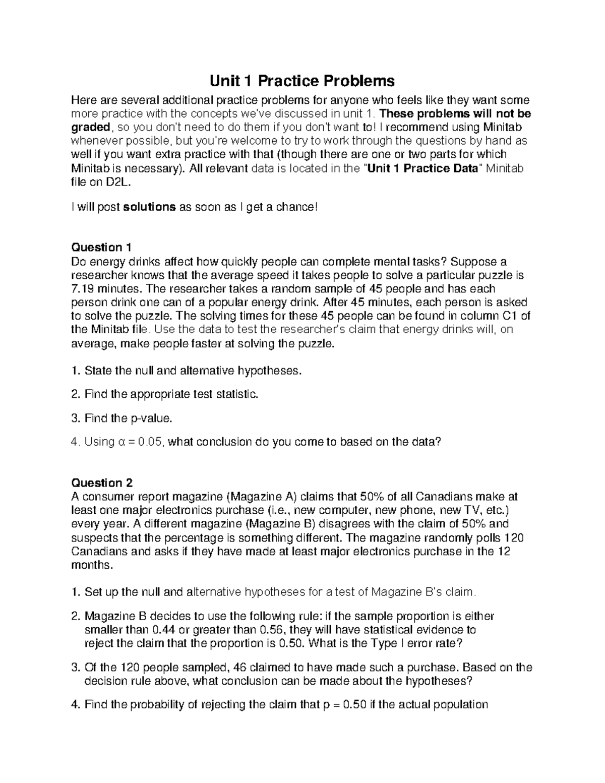 Unit 1 Practice Problems - Unit 1 Practice Problems Here are several ...
