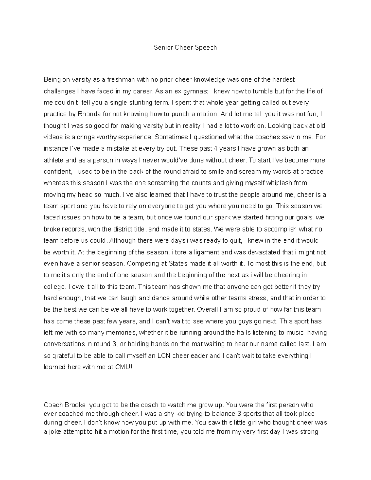 Senior Cheer Speech - Senior Cheer Speech Being on varsity as a ...