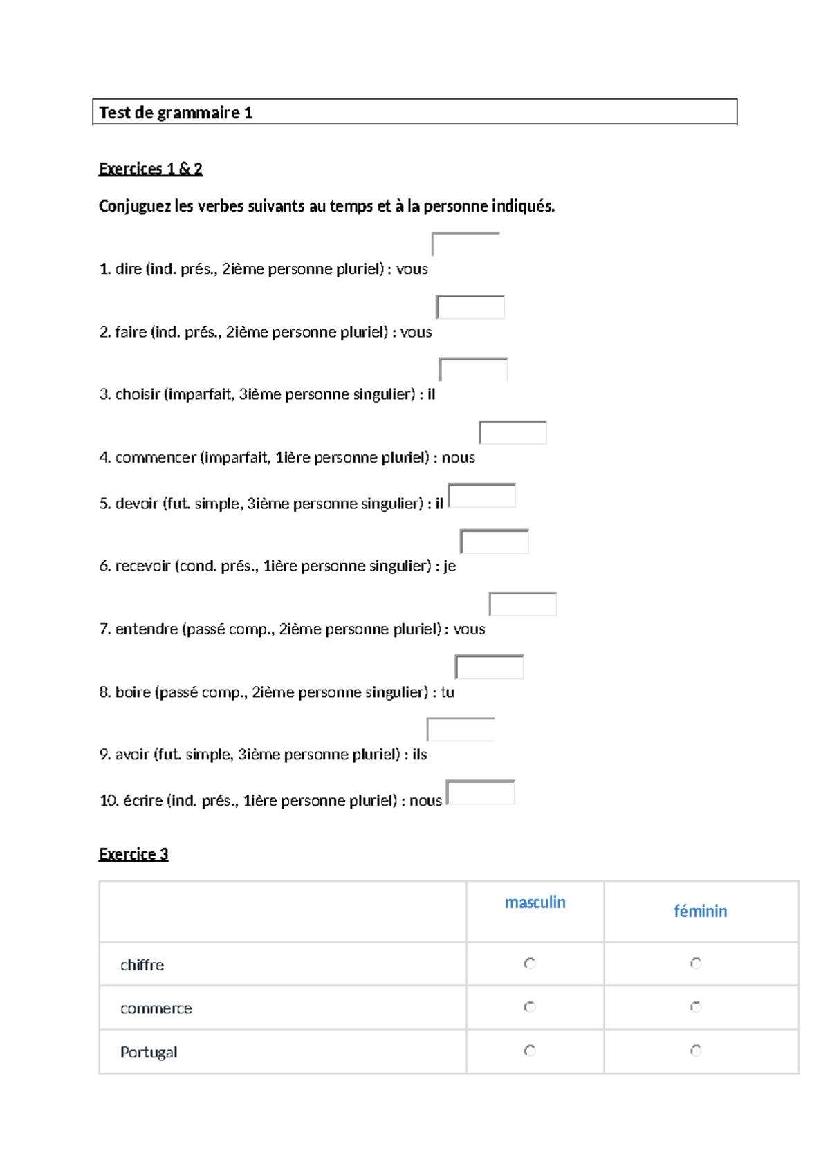 Test de grammaire 1 - Dit is voor tussentijdse test 1 - Test de ...