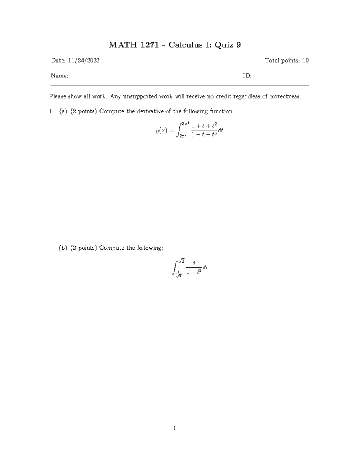 Quiz 9 - Math 1271 - Quiz 9 - MATH 1271 - Calculus I: Quiz 9 Date: 11 ...