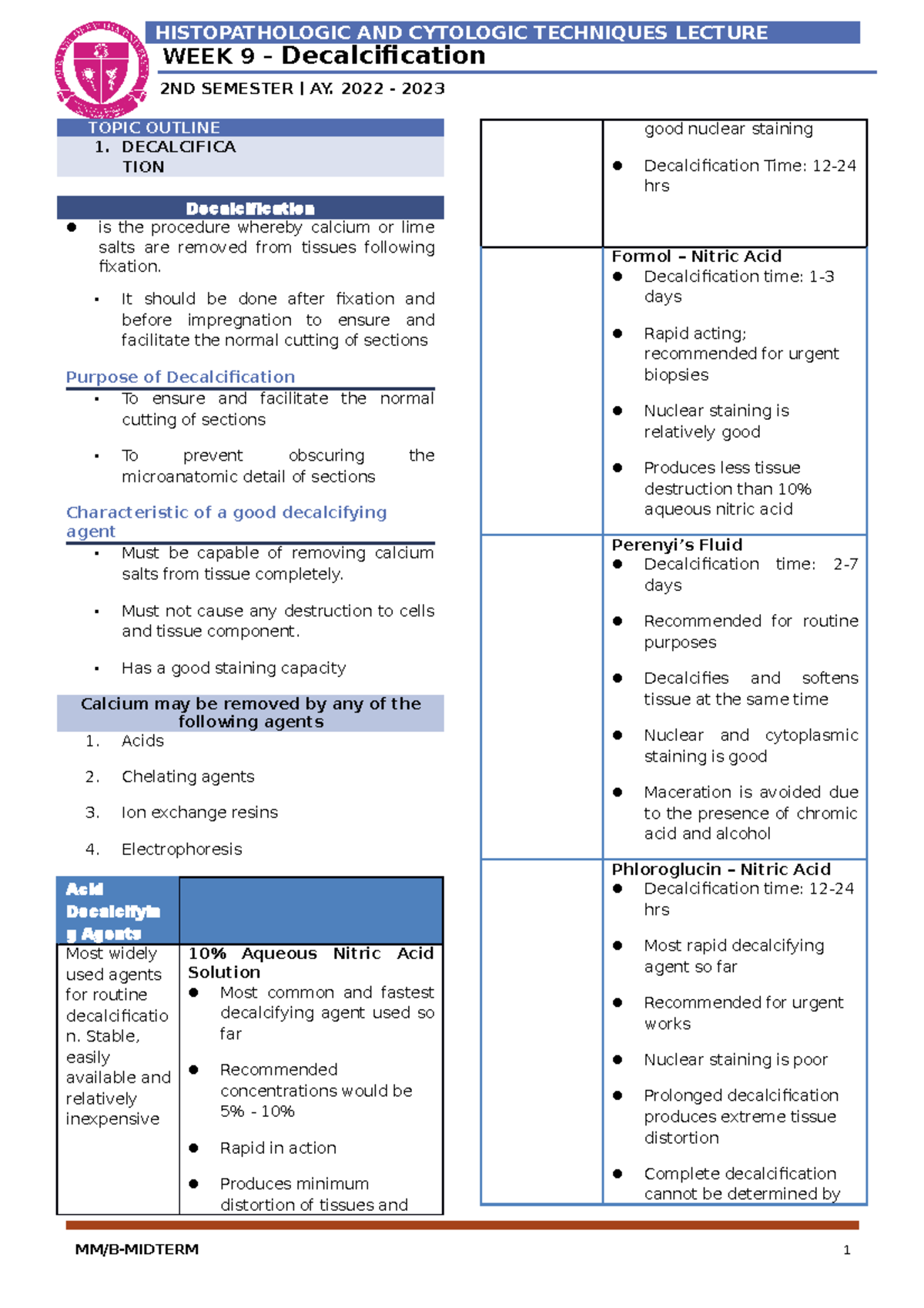 HPTC LEC-WEEK 9 - notes on week 9 - WEEK 9 – Decalcification 2ND ...