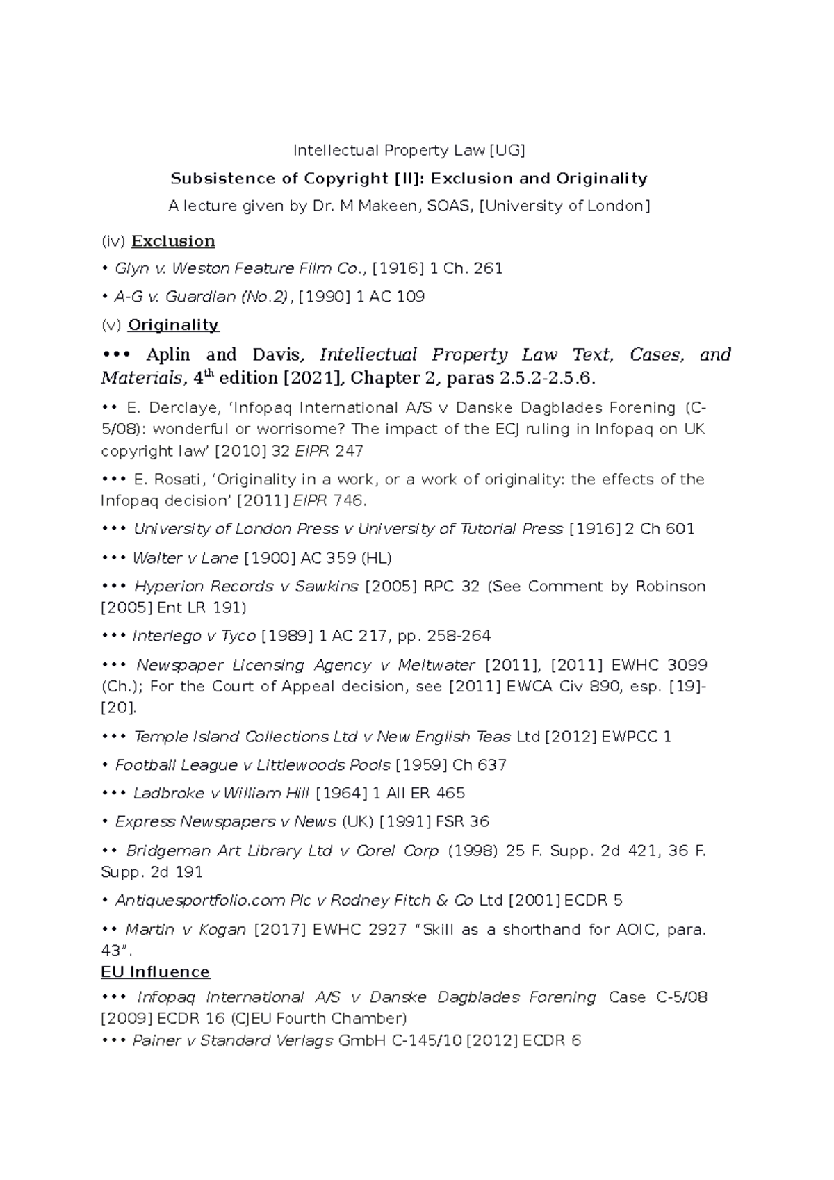 Reading list- exclusion and originality. (1) - Intellectual Property ...