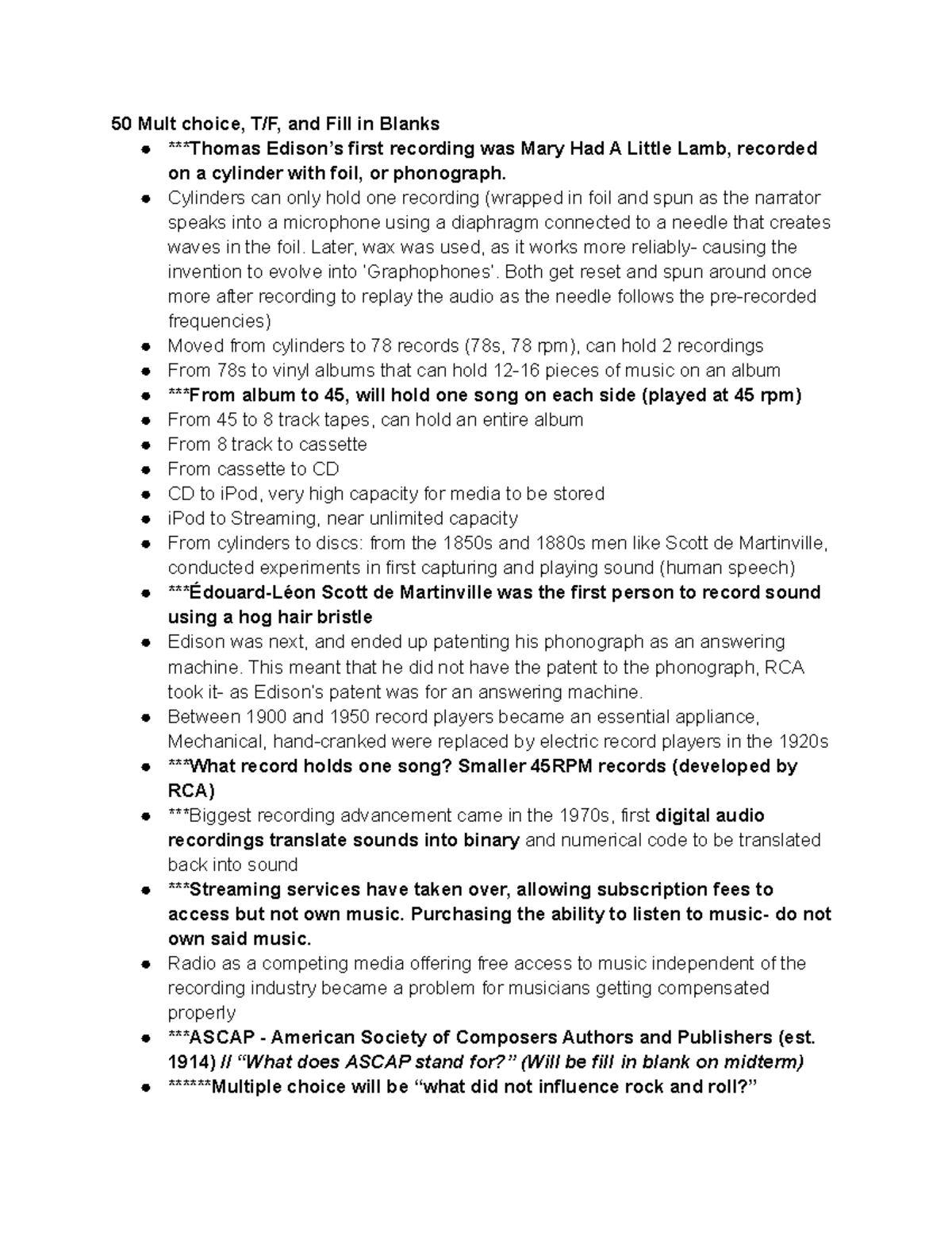 DMJ Midterm Notes Bulleted - 50 Mult choice, T/F, and Fill in Blanks ...