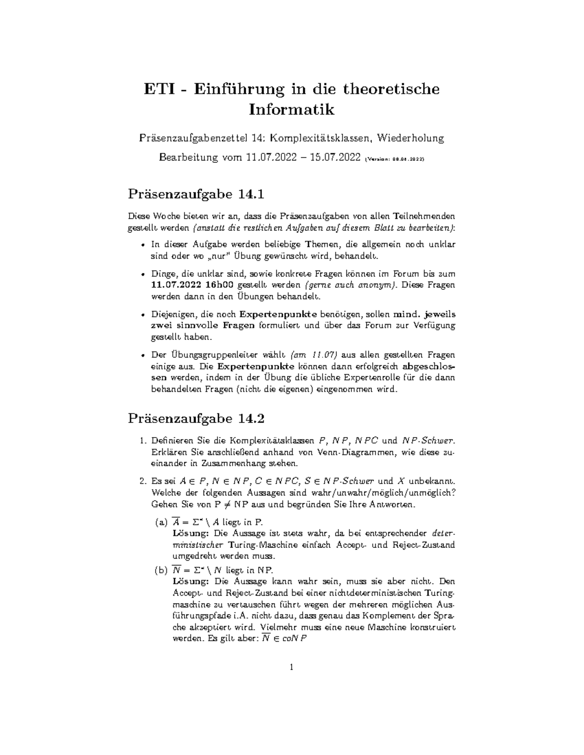 Zettel 14 praesenzaufgaben loesung - ETI - Einführung in die ...