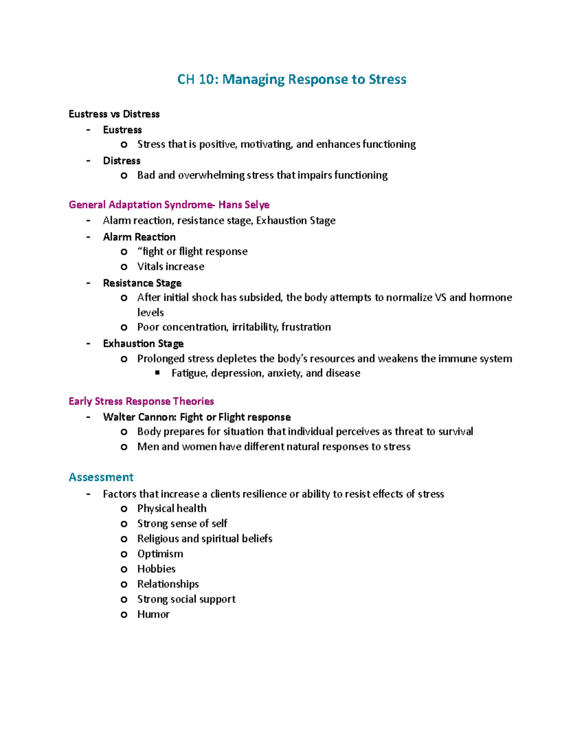 CH 10 - notes - CH 10: Managing Response to Stress Eustress vs Distress ...