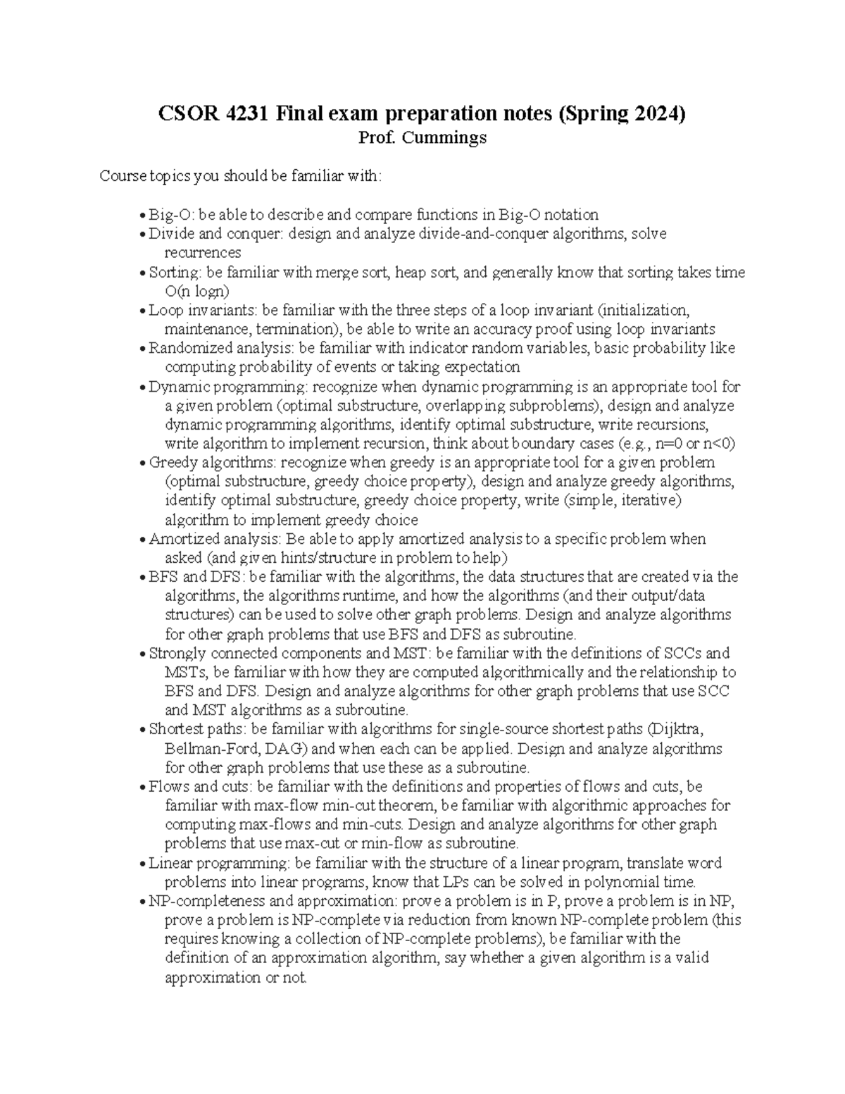 Final exam prep notes - CSOR 4231 Final exam preparation notes (Spring ...