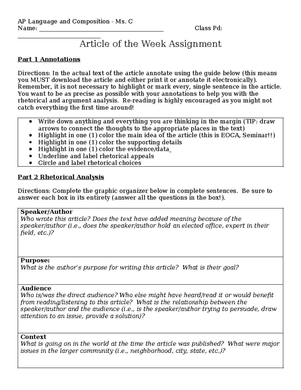 Article of the Week Assignment - AP Language and Composition - Ms. C ...