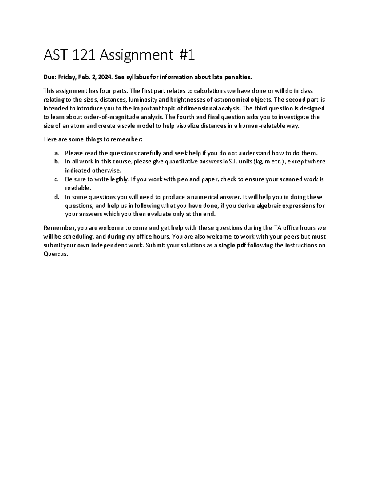 AST101 Assignment 1 - AST 121 Assignment Due: Friday, Feb. 2, 202 4. See syllabus for ...