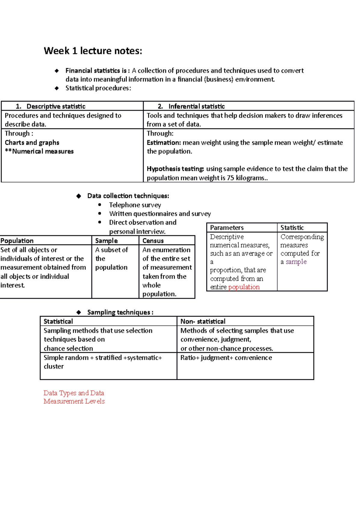 Week 1 lecture notes - Week 1 lecture notes: Financial statistics is ...