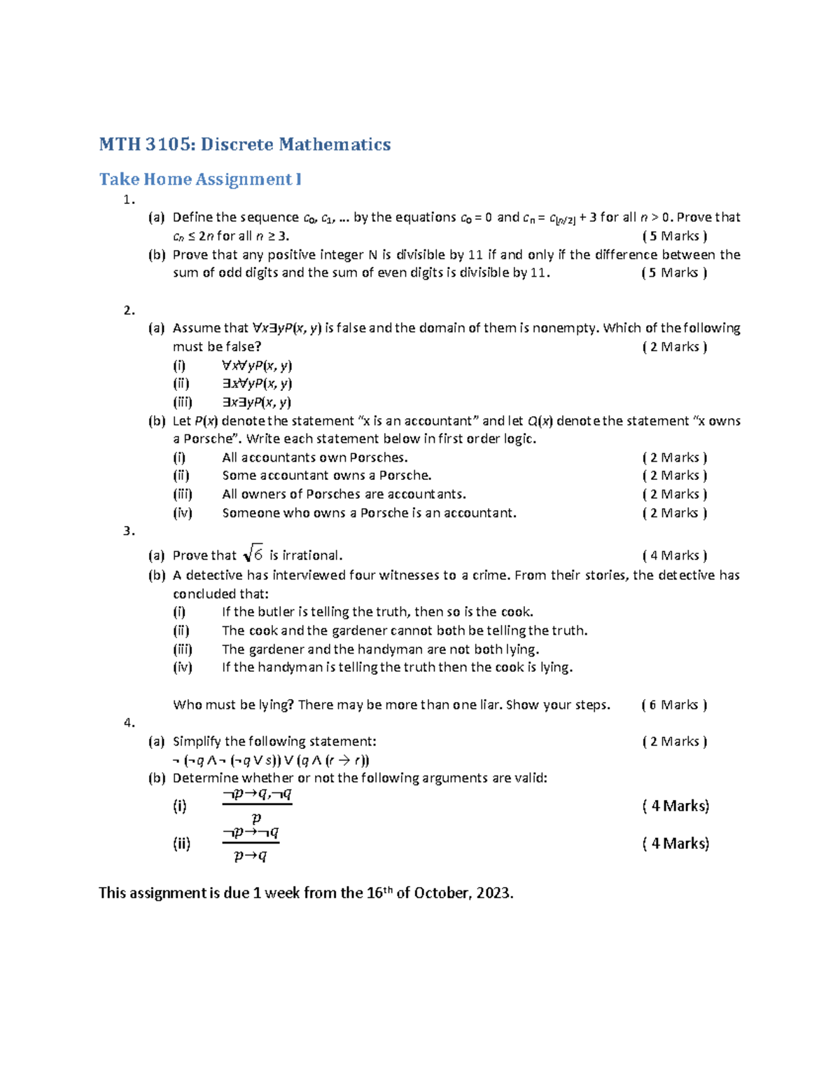 07b Assingment I - Discrete Slides - MTH 3105: Discrete Mathematics Take Home Assignment I 1. (a ...