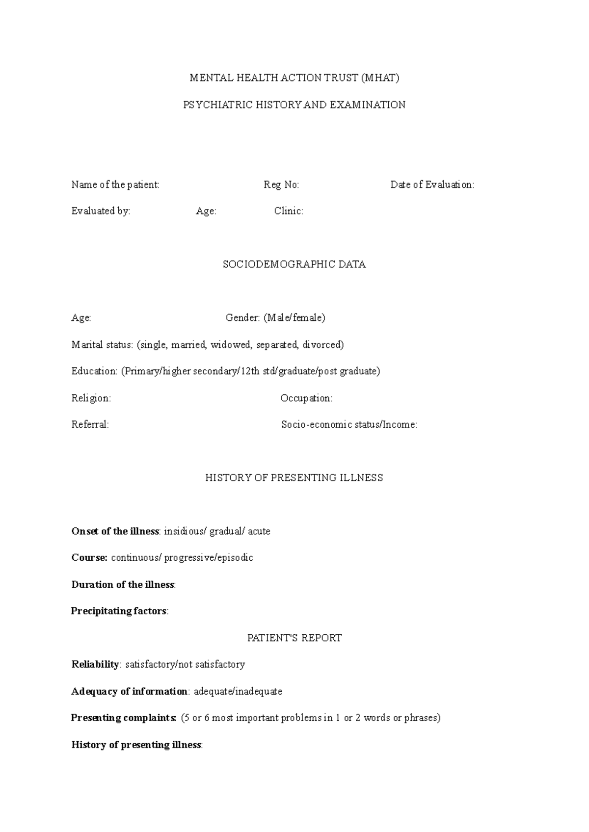 Case history format - MENTAL HEALTH ACTION TRUST (MHAT) PSYCHIATRIC ...
