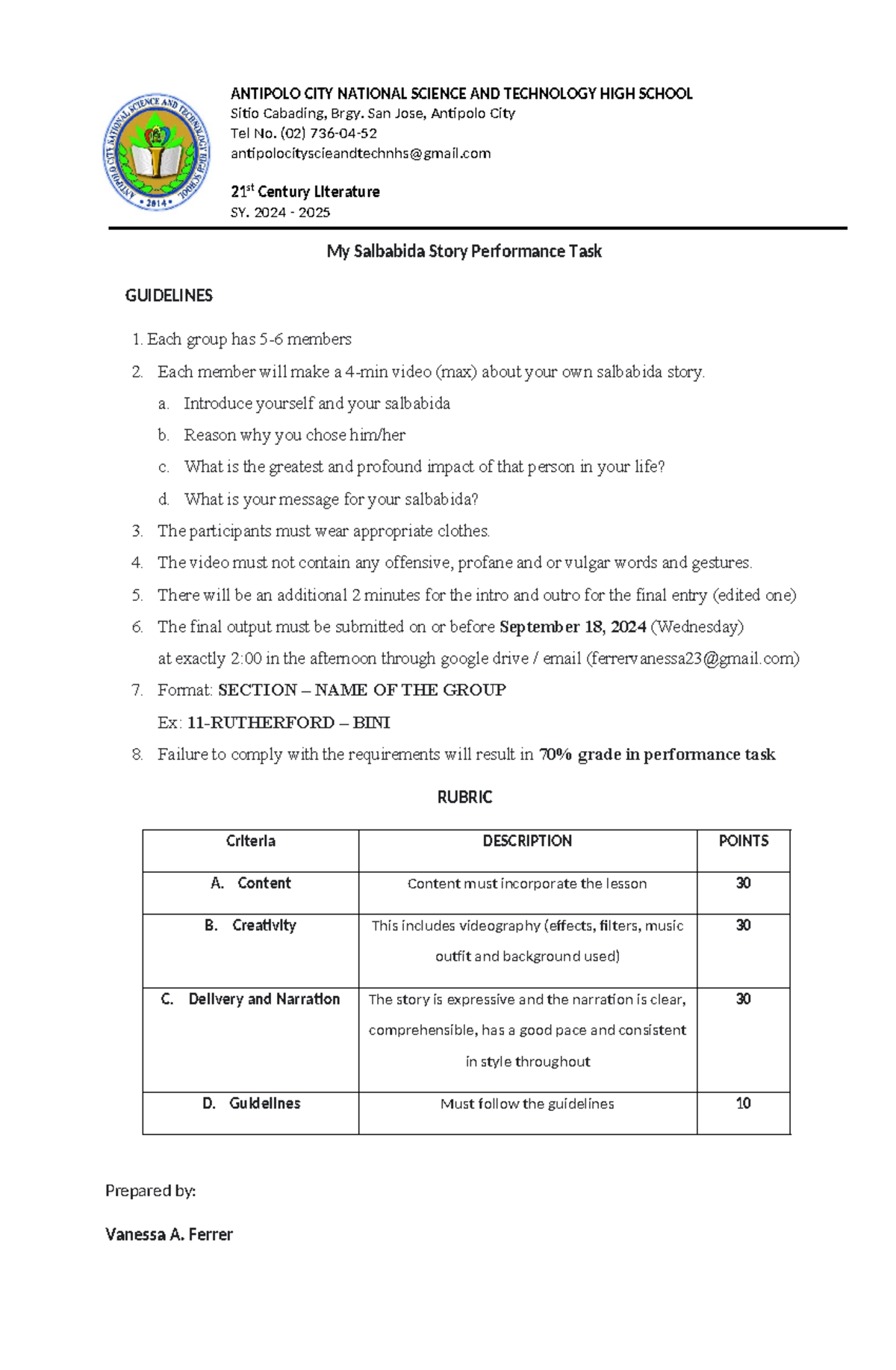 My-Salbabida-Rubric - its nice - ANTIPOLO CITY NATIONAL SCIENCE AND ...