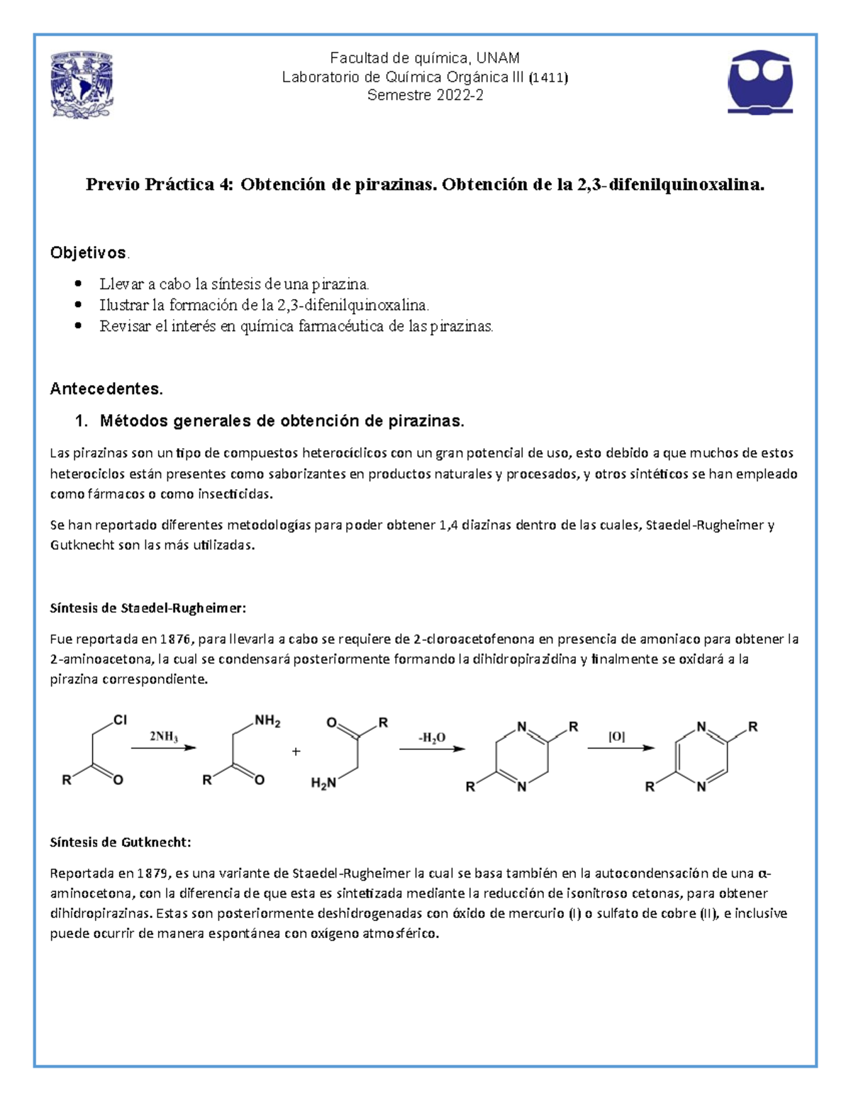 previo practica de Pirazinas - Laboratorio de Química Orgánica lIl ...