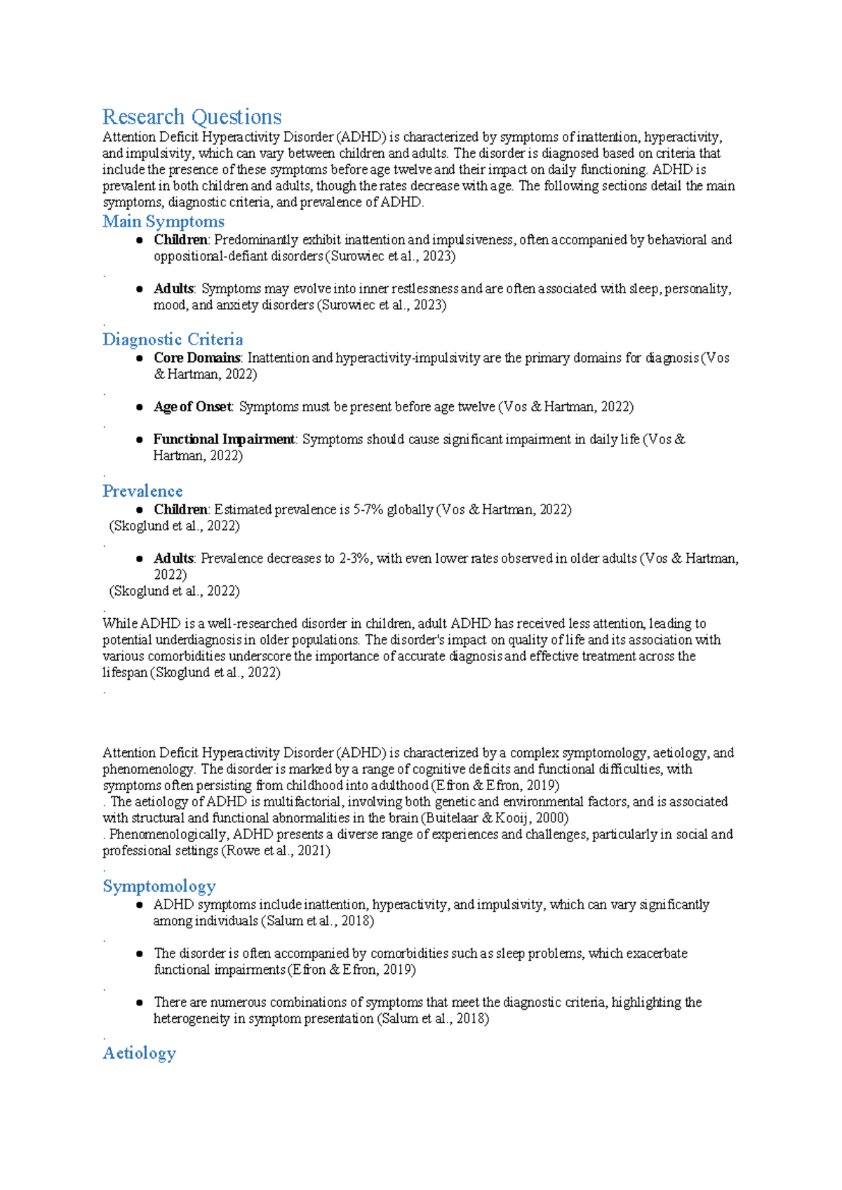 Research notes on ADHD treatment - Research Questions Attention Deficit ...