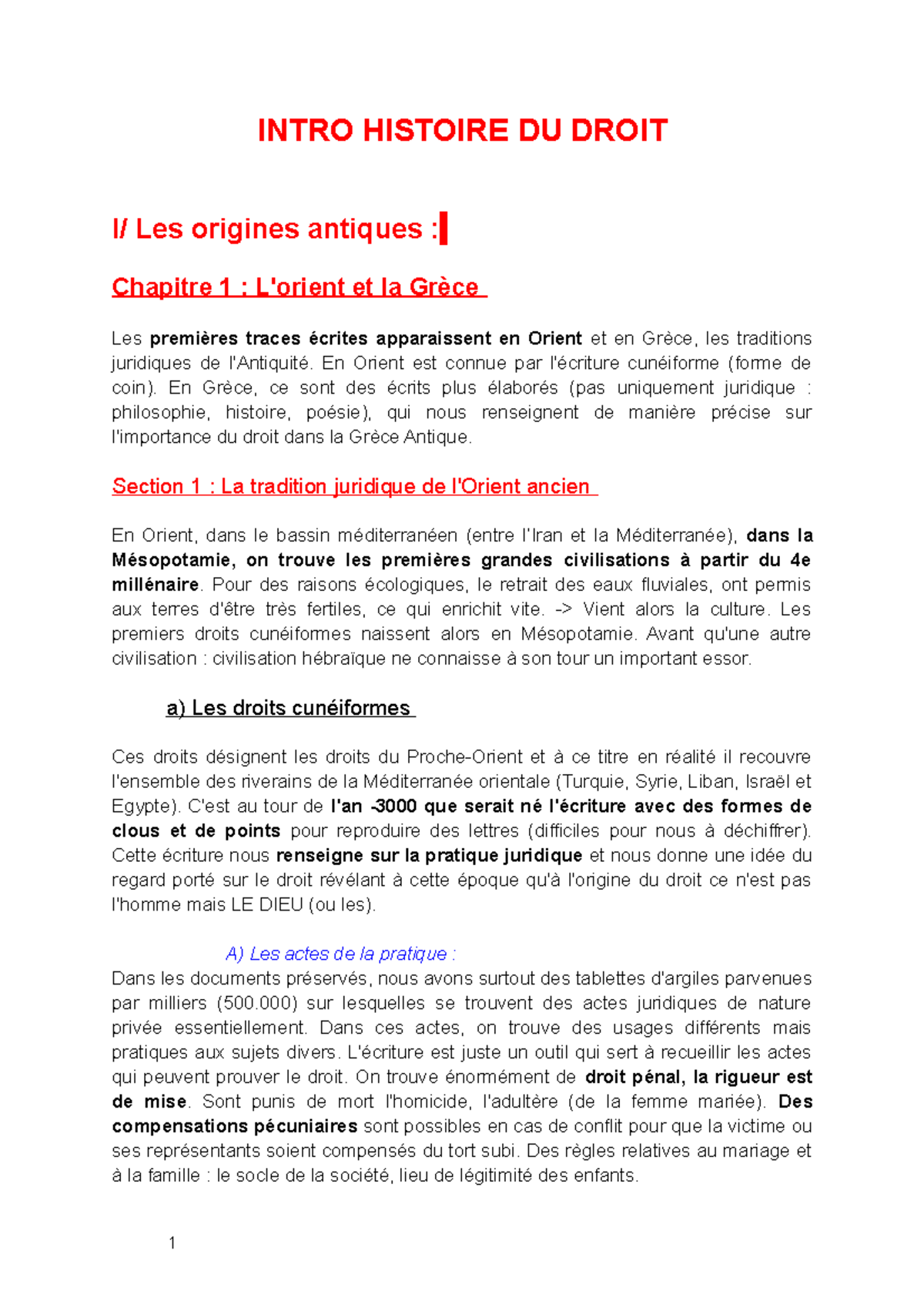 Histoire - INTRO HISTOIRE DU DROIT I/ Les origines antiques : Chapitre 1 : L'orient et la Grèce ...