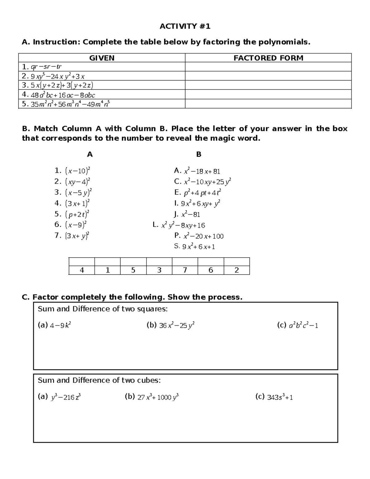 G8 Activity#1 - Math - ACTIVITY A. Instruction: Complete the table ...
