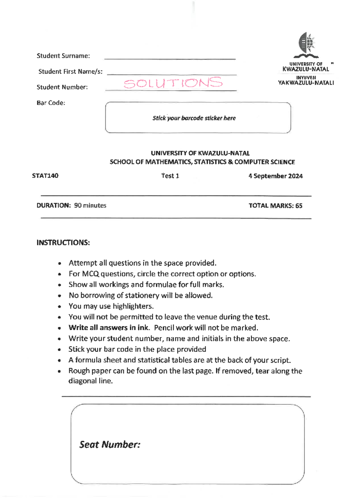 STAT140 Test 1 2024 Solutions - Student Surname: UNIVERSITY OF TM ...