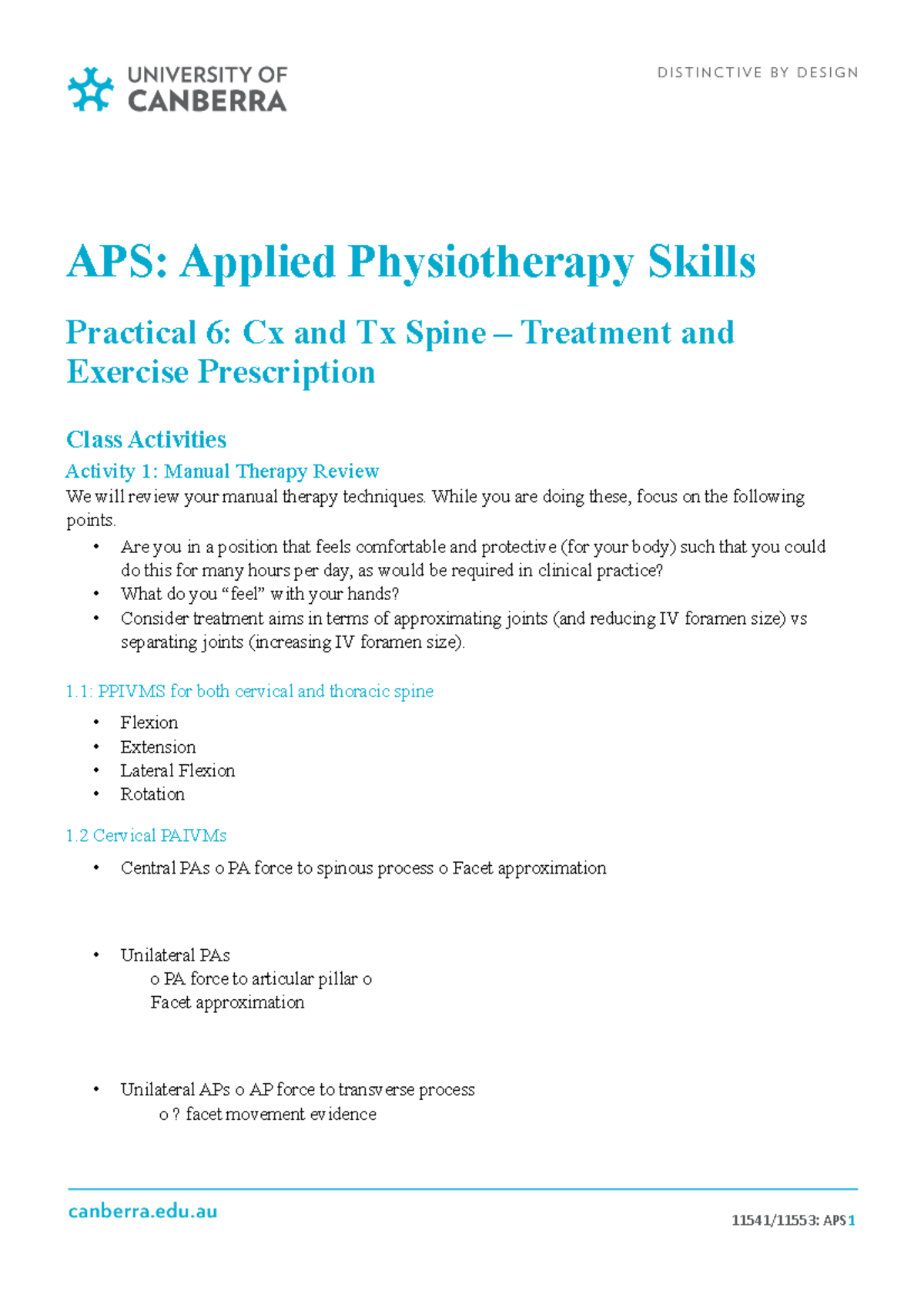 APS Week 6 Practical 6A B Cx Tx Assessment Treatment and Exercise 2022 - APS: Applied ...