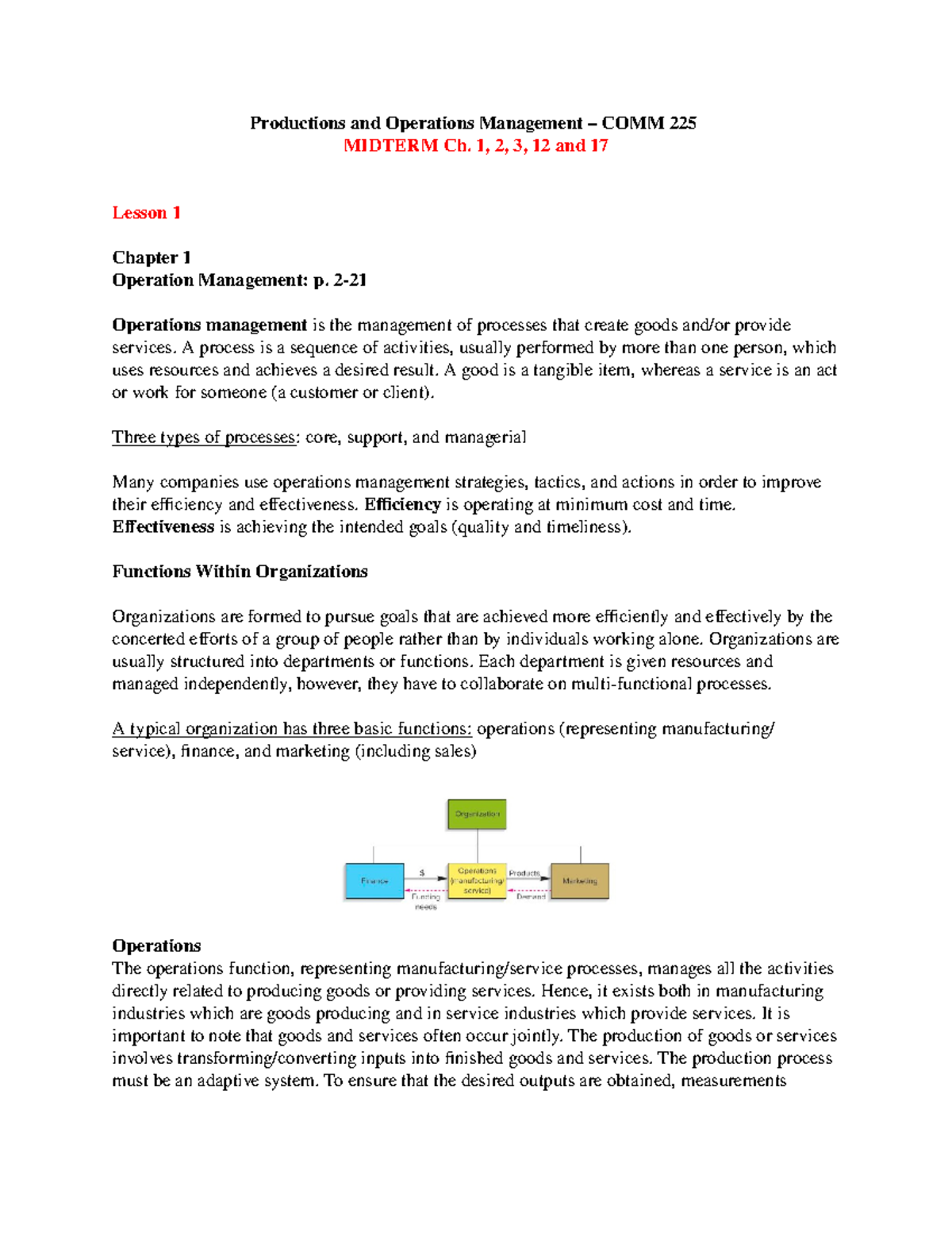 Midterm 1 Notes Productions And Operations Management Comm 225 Midterm Ch 1 2 3 12 And