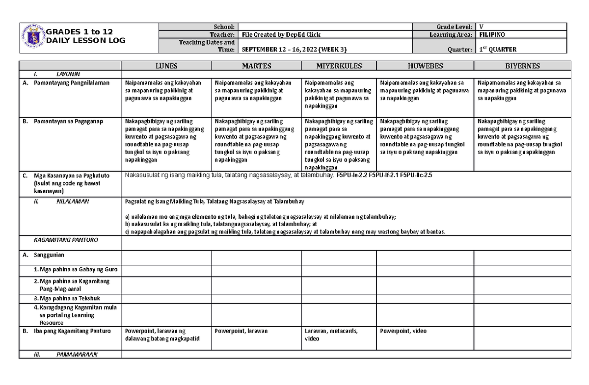 DLL Filipino 5 Q1 W4 - DLL - GRADES 1 to 12 DAILY LESSON LOG School ...