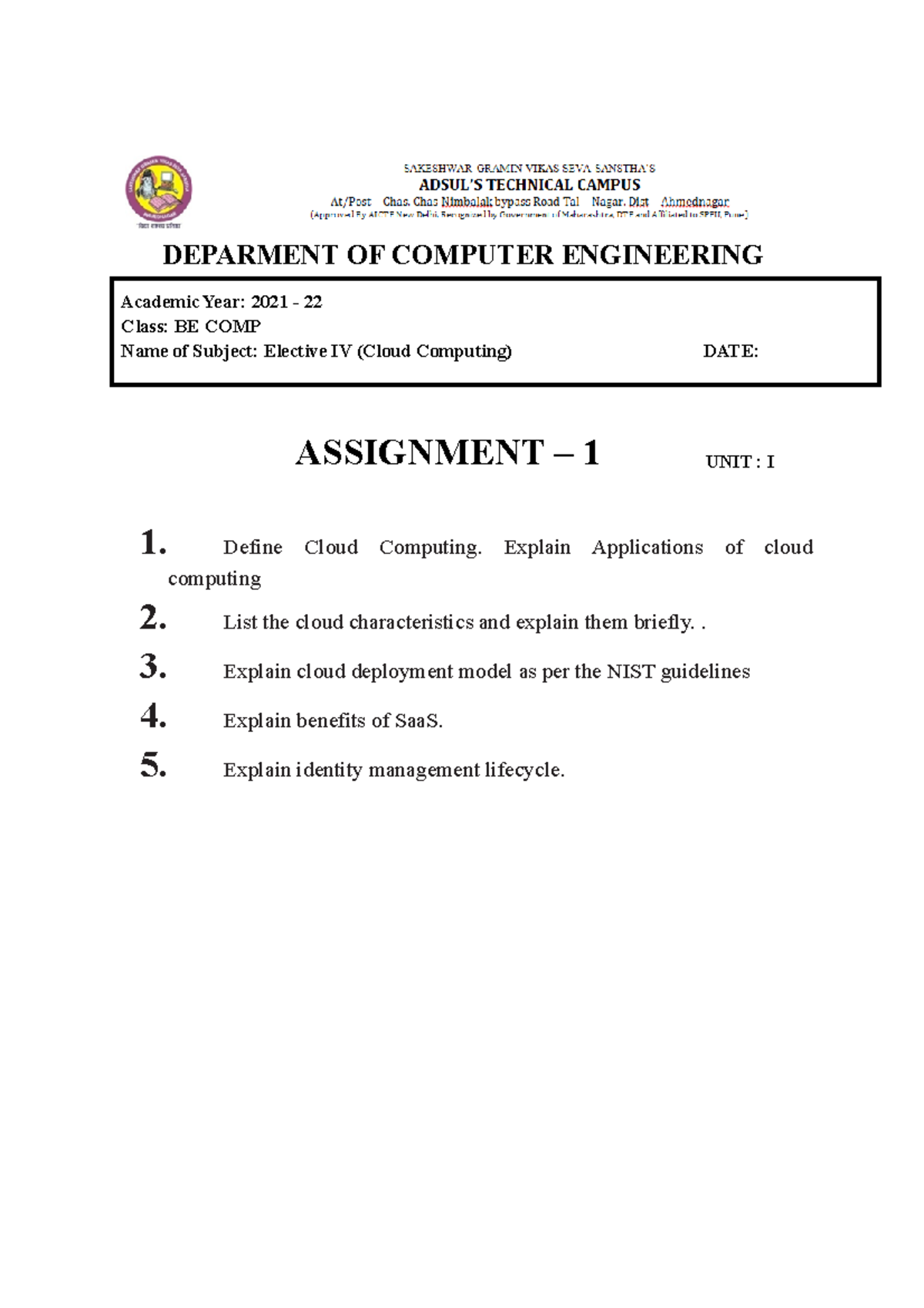 BE COMP CC Assignments - Academic Year: 2021 - 22 Class: BE COMP Name of Subject: Elective IV ...