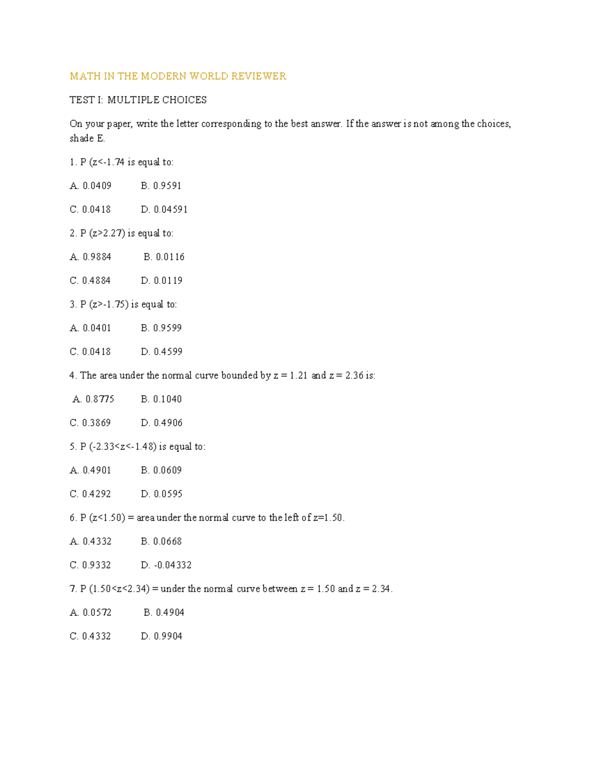 mtmw - mathematics - MATH IN THE MODERN WORLD REVIEWER TEST I: MULTIPLE ...