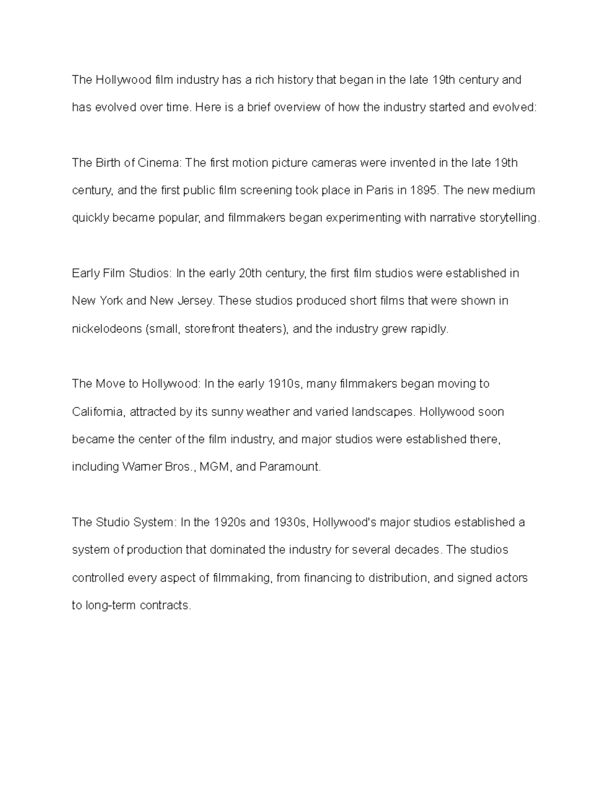 Hollywood industry history notes - The Hollywood film industry has a ...