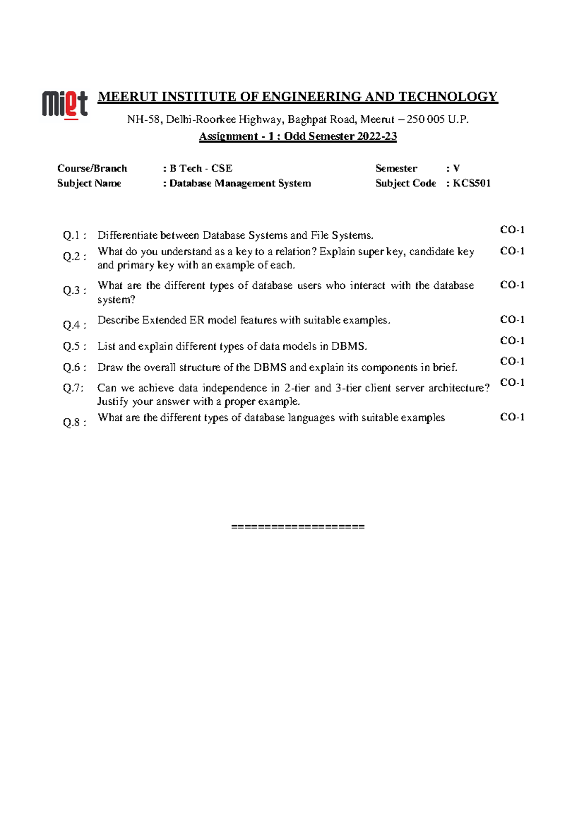 Assignment - 1 - assign - MEERUT INSTITUTE OF ENGINEERING AND TECHNOLOGY NH-58, Delhi-Roorkee ...