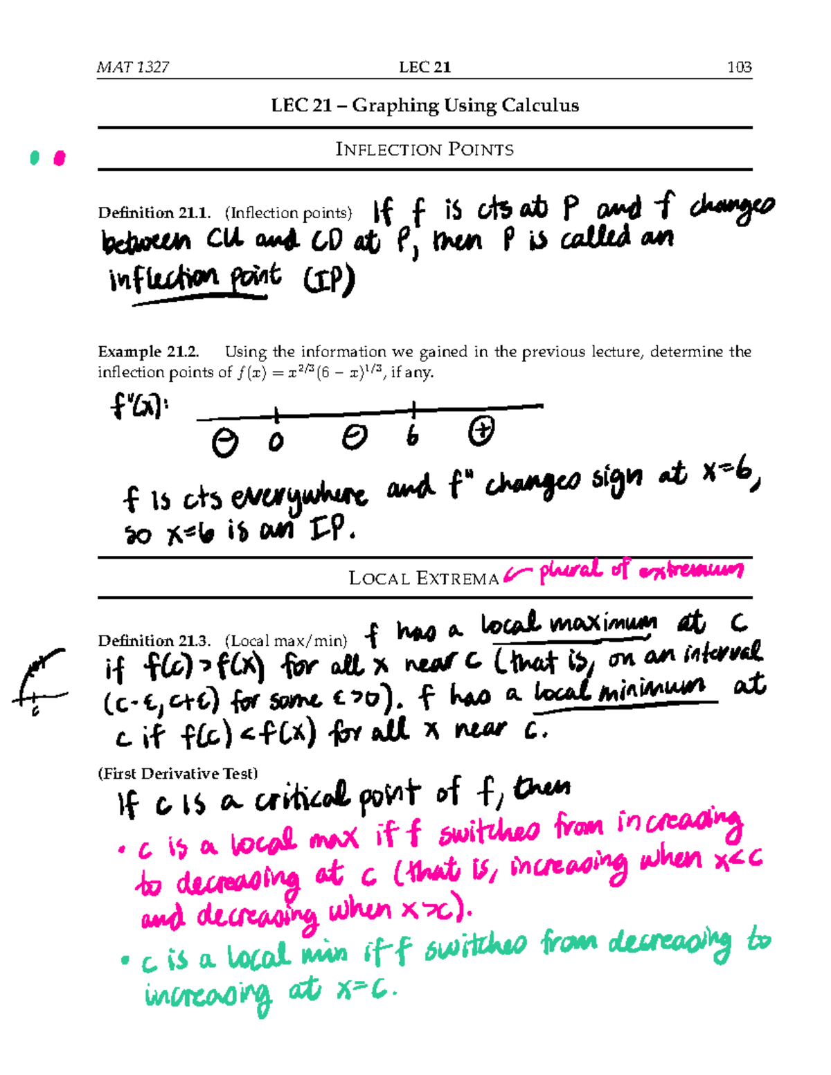 MAT 1327 Lecture 21 Filled - MAT 1327 LEC 21 103 LEC 21 – Graphing Using Calculus ...