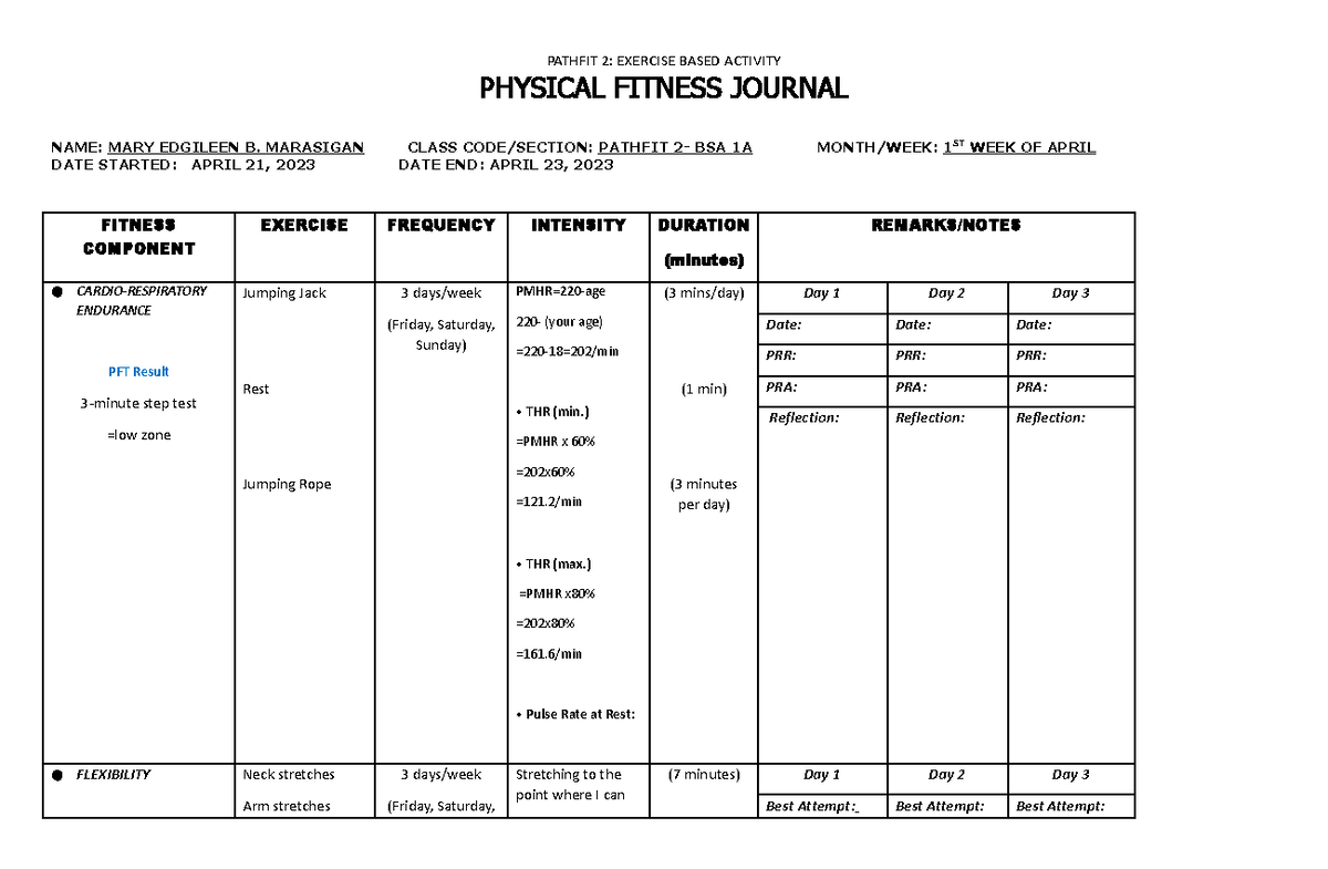 April 21-23 Physical Fitness Journal Final Format - Copy - PHYSICAL FITNESS JOURNAL NAME: MARY ...