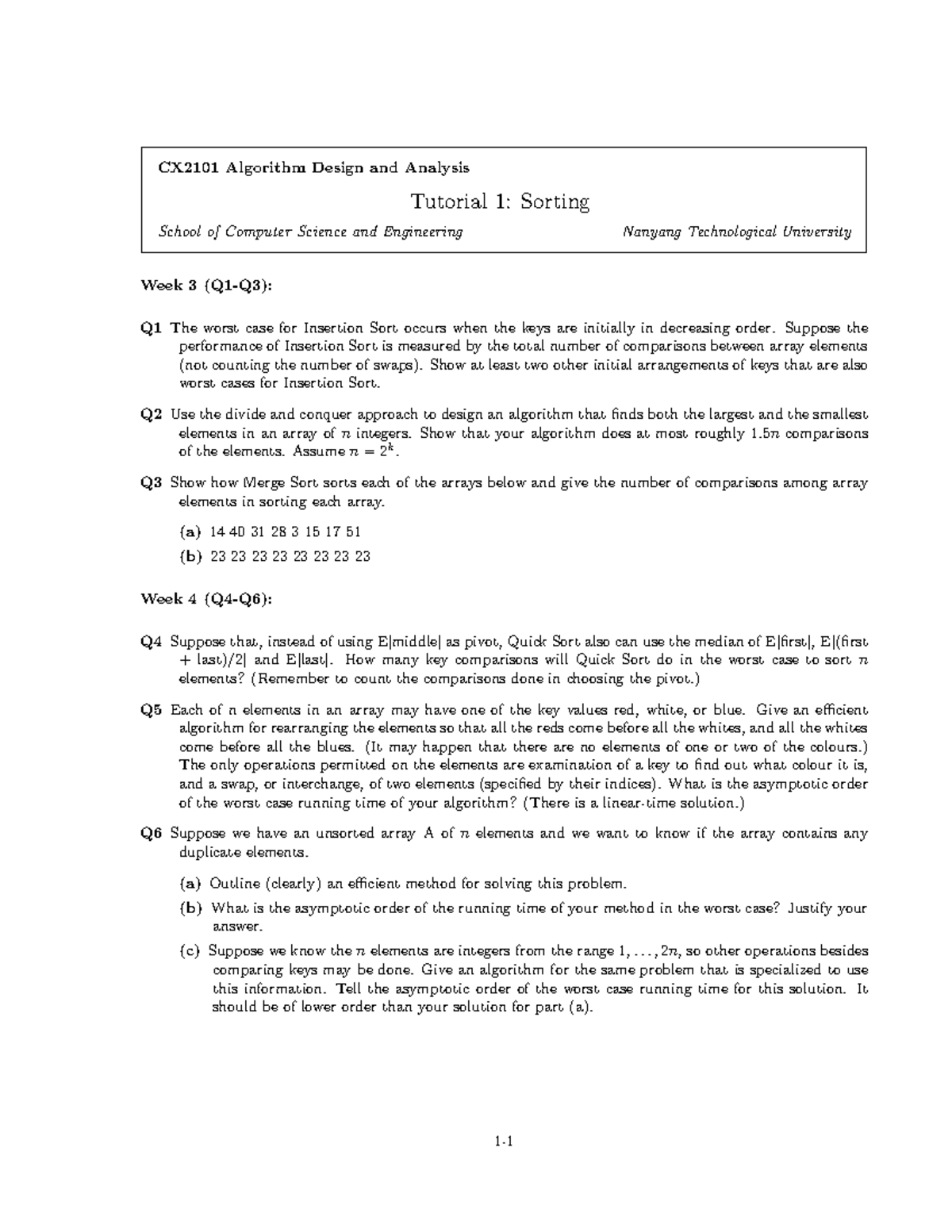 Tutorial 1 - CX2101 Algorithm Design and Analysis Tutorial 1: Sorting School of Computer Science ...
