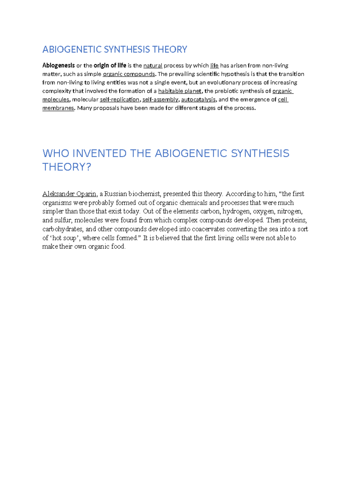 Abiogenetic Synthesis Theory - ABIOGENETIC SYNTHESIS THEORY Abiogenesis ...