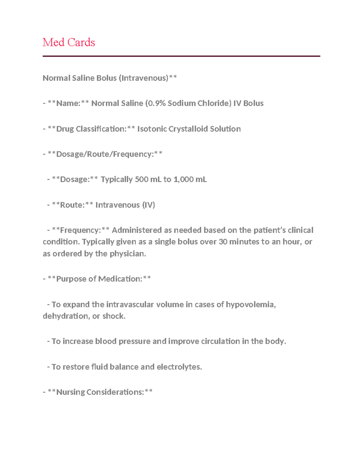 Med Cards - Med Cards Normal Saline Bolus (Intravenous)** Name: Normal ...
