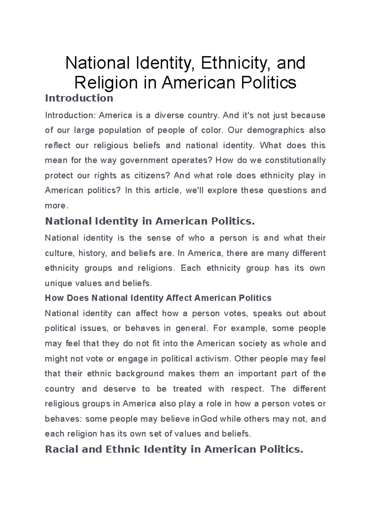National Identity, Ethnicity, and Religion in American Politics ...