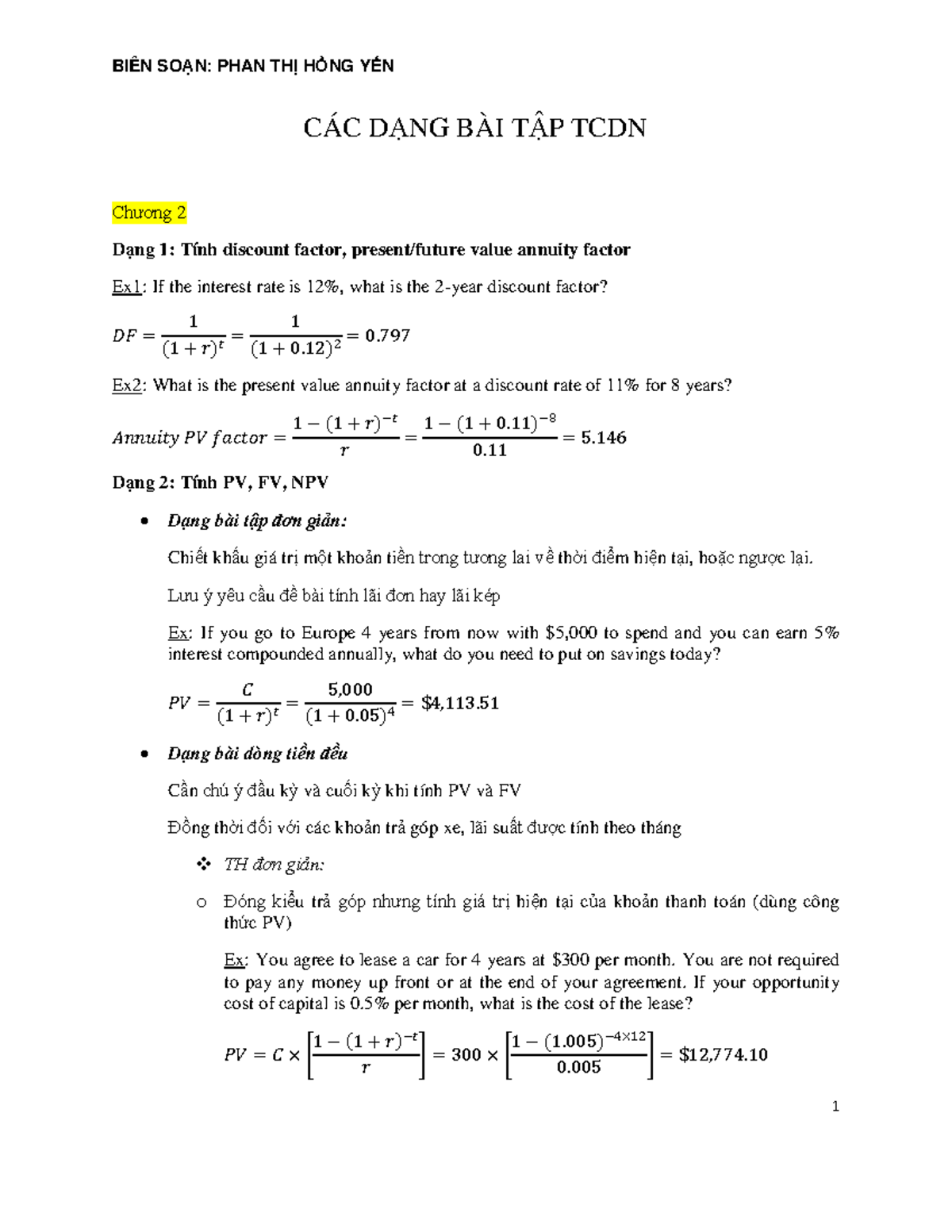 TCDN Cthuc - TCDN - CÁC DẠNG BÀI TẬP TCDN Chương 2 Dạng 1: Tính discount factor, present/future ...