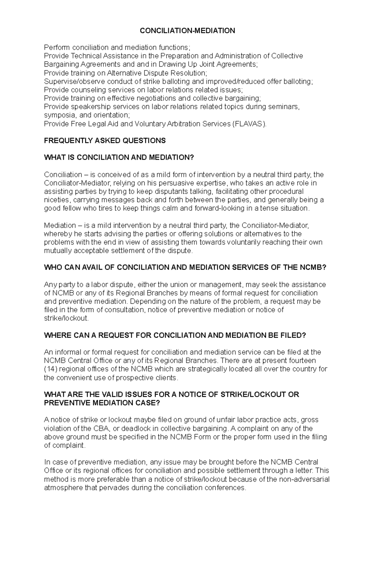 Conciliation-and-Mediation - CONCILIATION-MEDIATION Perform conciliation and mediation functions ...