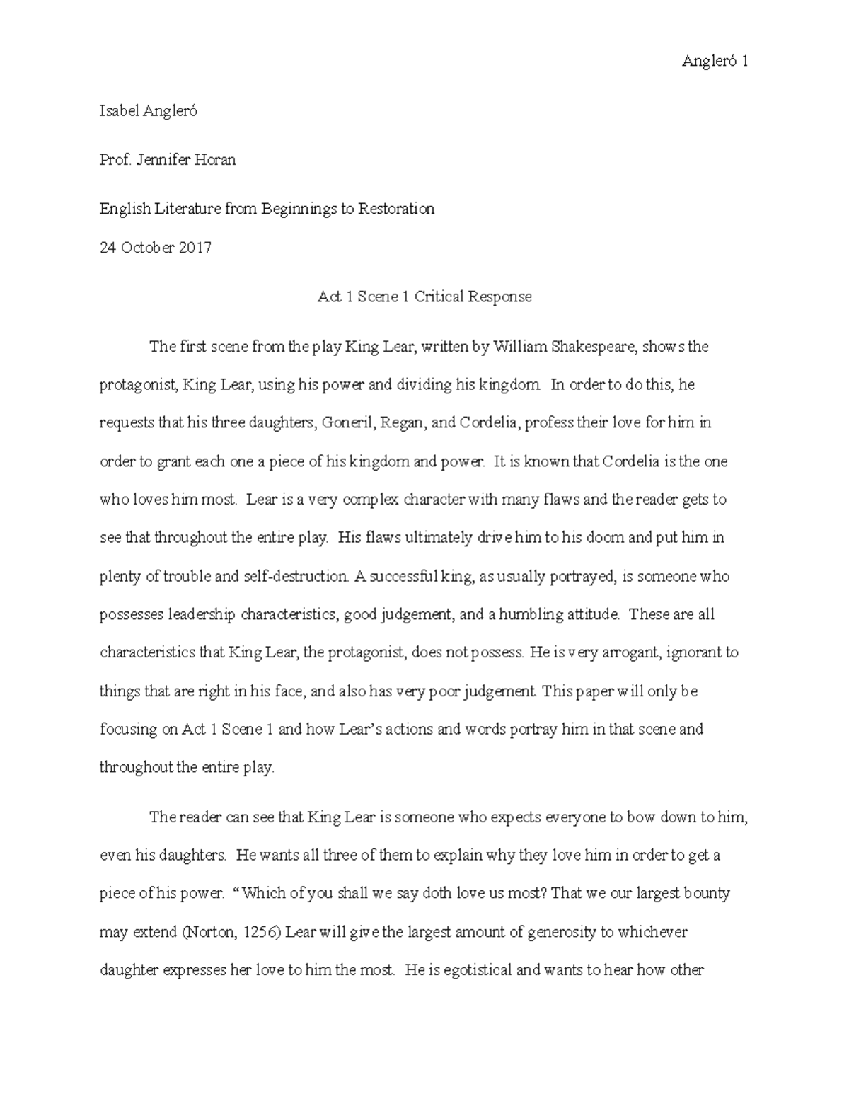 Act 1 Scene 1 Critical Response King Lear - Angleró 1 Isabel Angleró ...