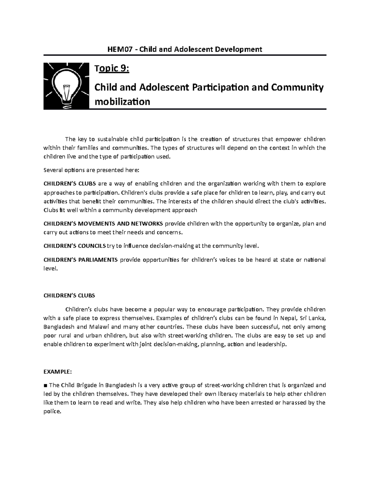 Topic 9-Child and Adolescent Participation and Community mobilization - HEM07 - Child and ...