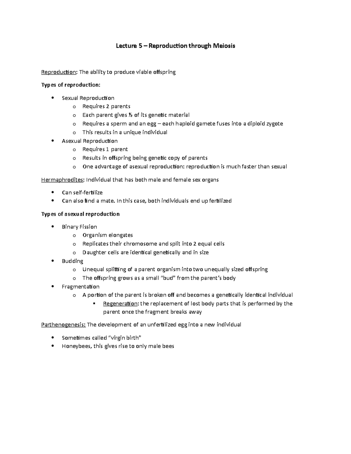 Lecture 5: Reproduction through Meiosis - Lecture 5 – Reproduction ...