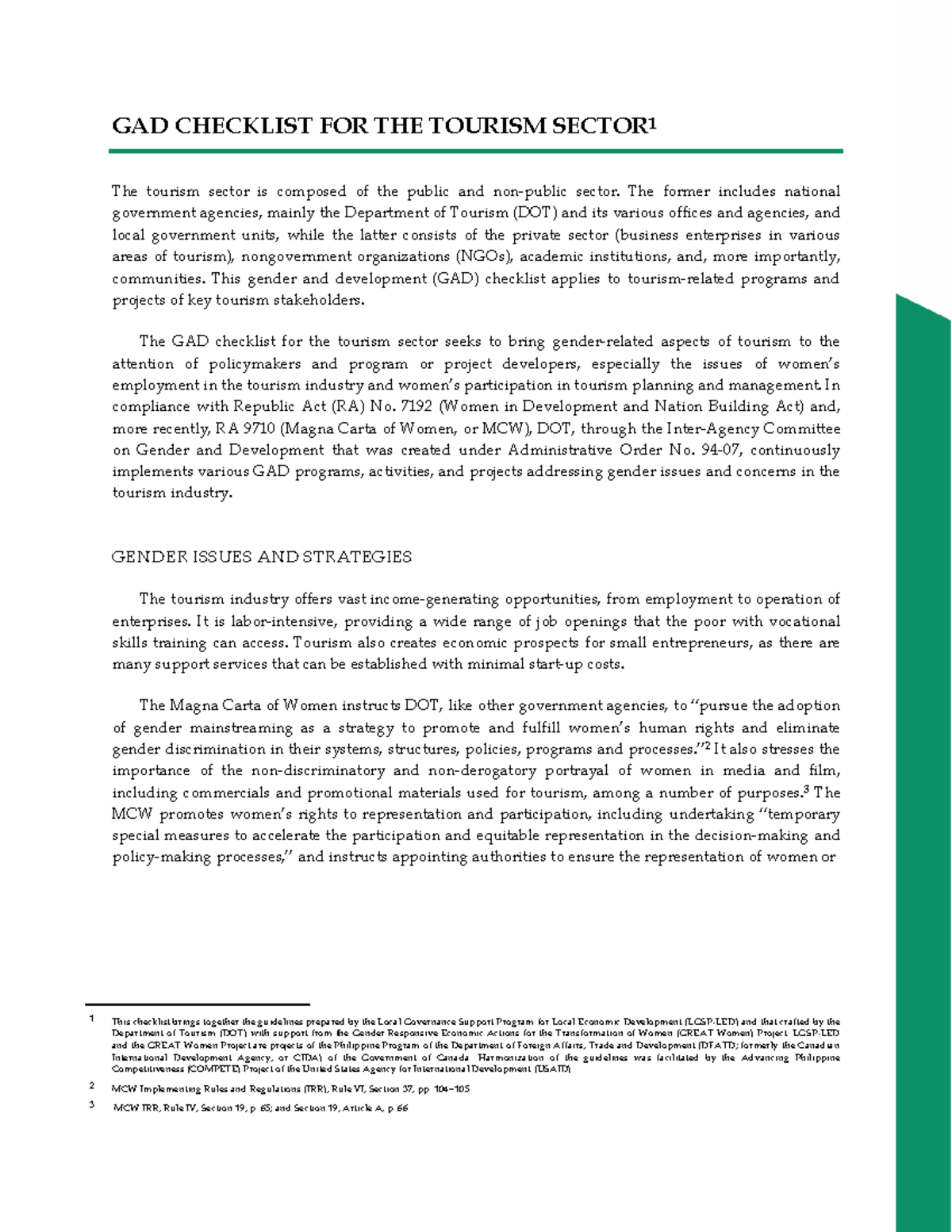 GAD Checklist for Tourism - GAD CHECKLIST FOR THE TOURISM SECTOR 1 The ...