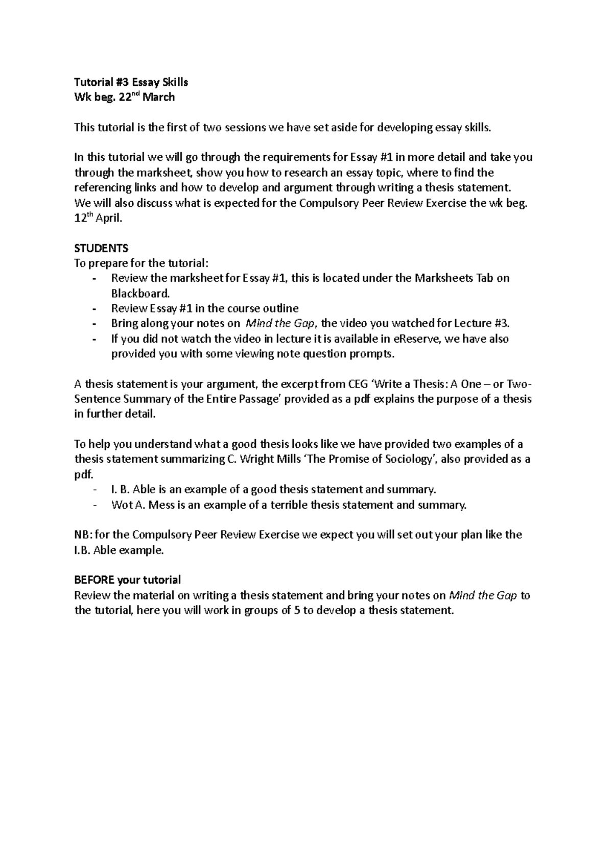 Instructions for Essay Skills Tutorial - Tutorial #3 Essay Skills Wk ...