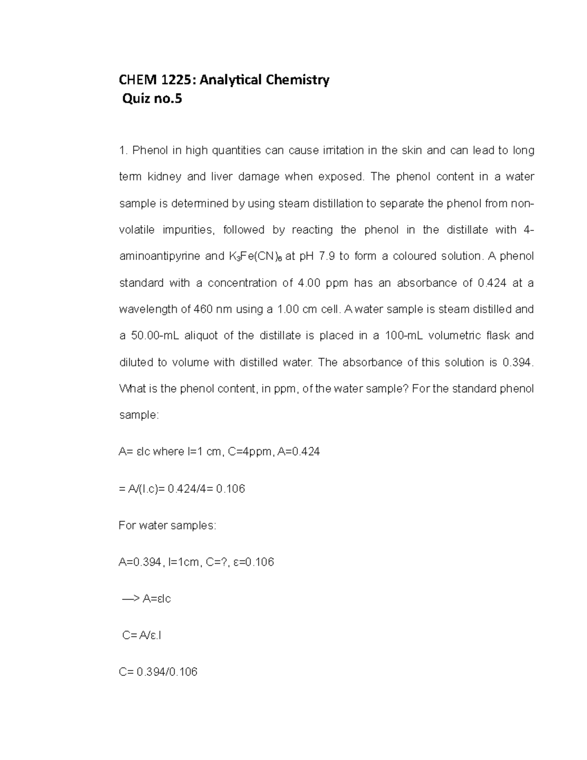 Analytical Chemistry Quiz5 c2 - CHEM 1225: Analytical Chemistry Quiz no ...