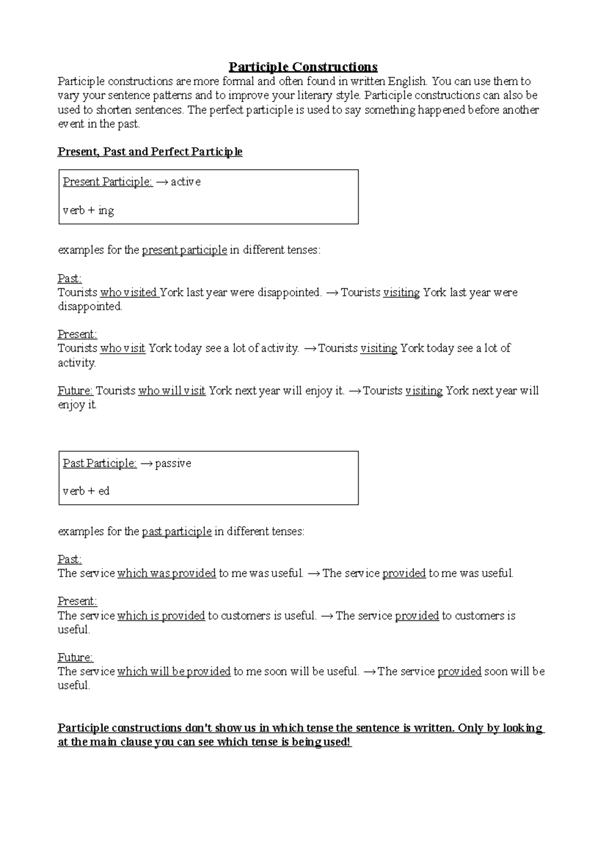 Participle Constructions Handout - Participle Constructions Participle ...