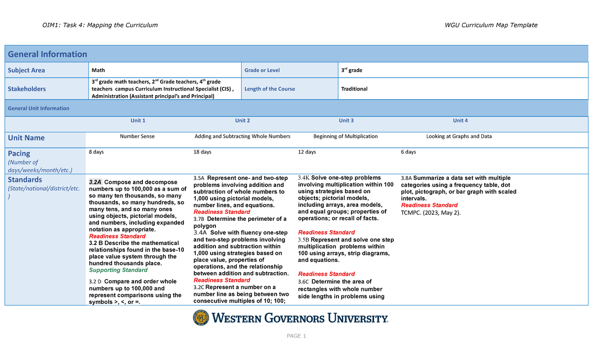 WGU Curriculum Map - General Information Subject Area Math Grade or ...