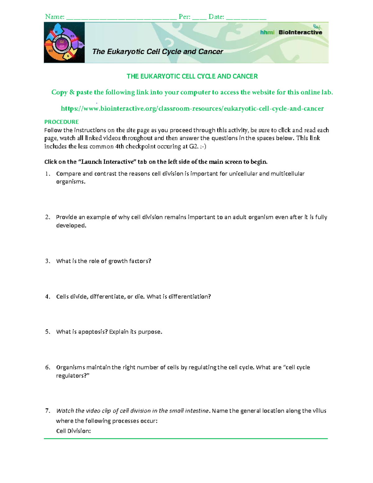 Cell Cycle Control Interactive Online Activity - The Eukaryotic Cell ...