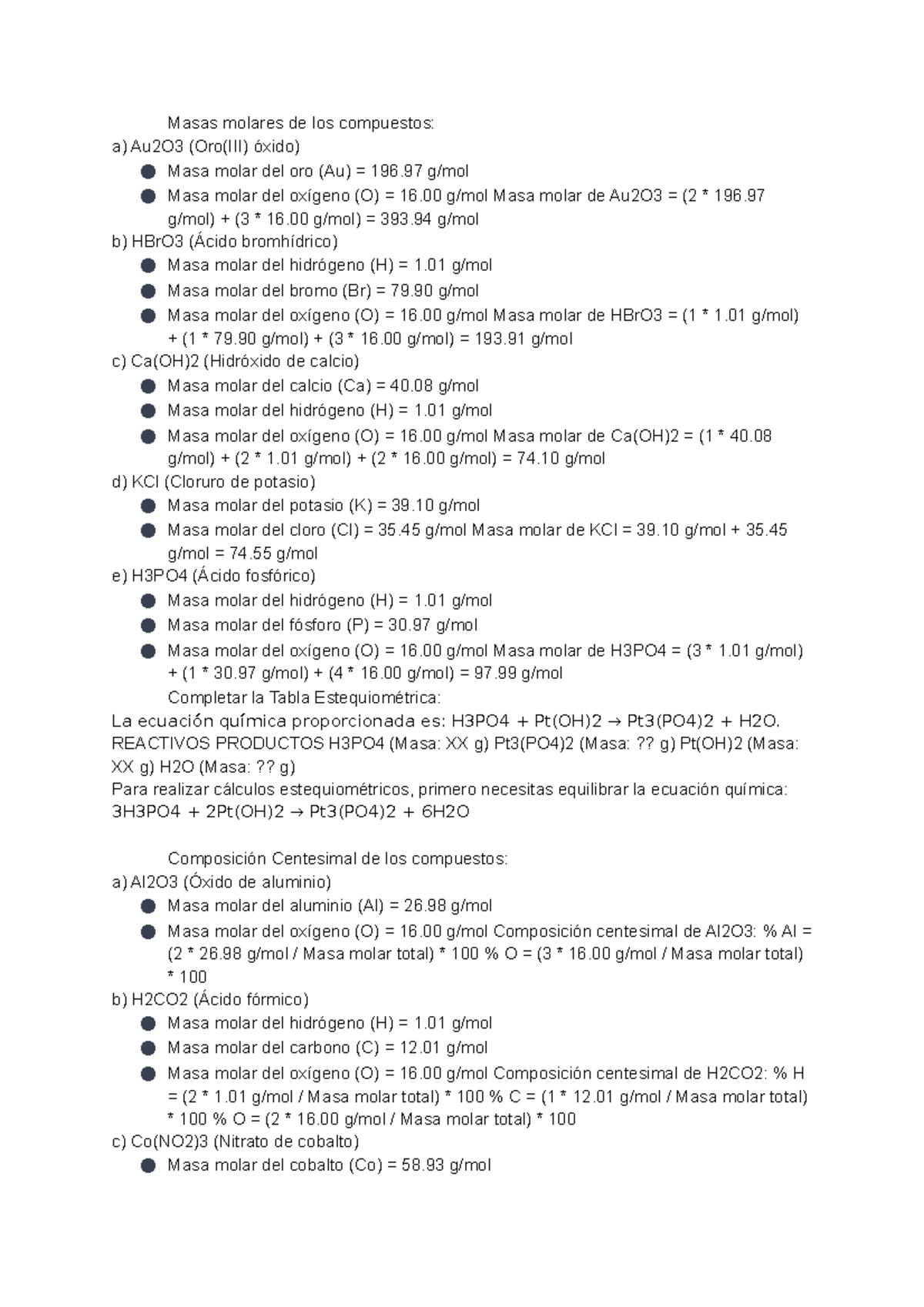 Actividad de Estequiometría - parte 1 - Masas molares de los compuestos ...
