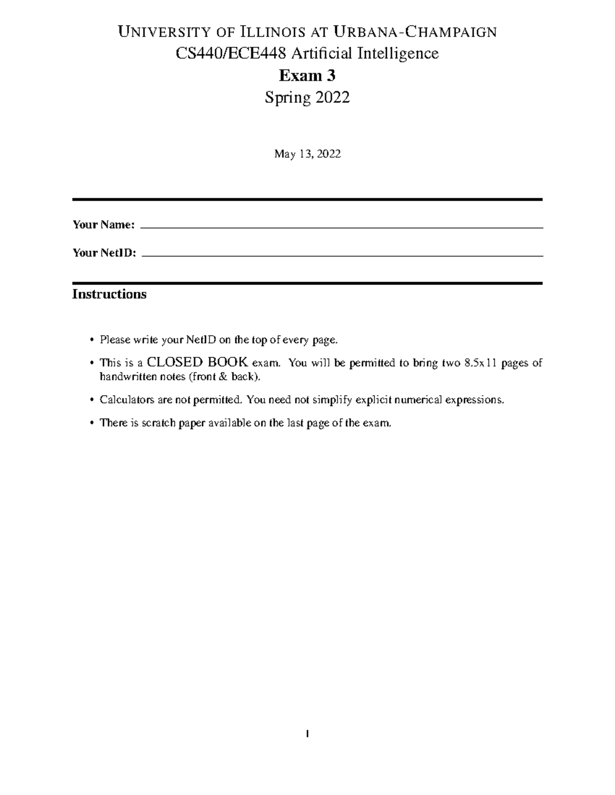 Exam3 Questions - UNIVERSITY OF ILLINOIS AT URBANA-CHAMPAIGN CS440 ...