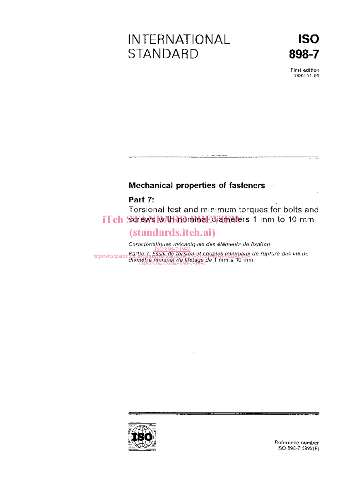 ISO 898 7 1992 - INTERNATIONAL STANDARD 898- First edition 1992-11-..-__-.-.-_-~ Mechanical ...